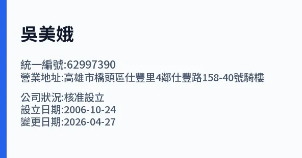 吳美娥的照片-統編 62997390(高雄市) 公司登記資料與營業項目詳細圖表