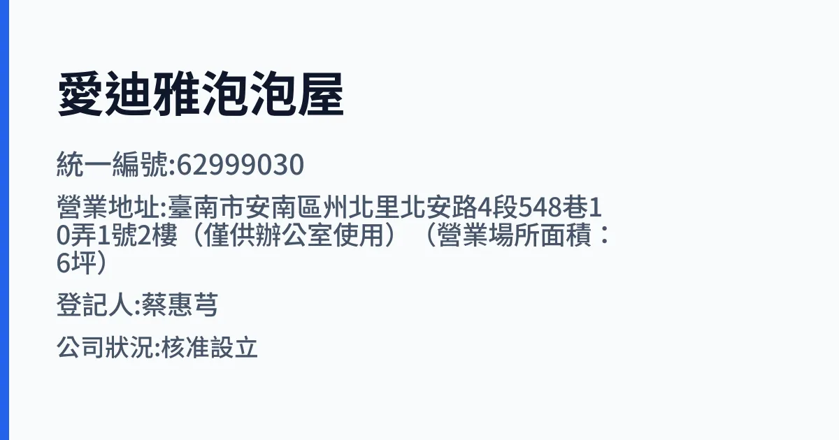 愛迪雅泡泡屋 - 統編 62999030(臺南市) 公司登記資料與營業項目詳細圖表