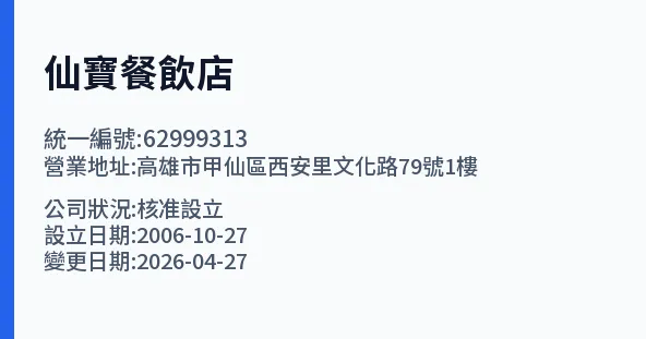 仙寶餐飲店的照片-統編 62999313(高雄市) 公司登記資料與營業項目詳細圖表
