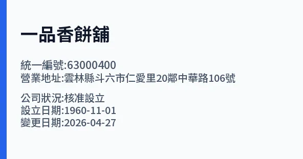 一品香餅舖的照片-統編 63000400(雲林縣) 公司登記資料與營業項目詳細圖表