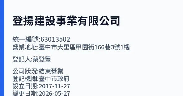 登揚建設事業有限公司的照片-統編 63013502(臺中市) 公司登記資料與營業項目詳細圖表