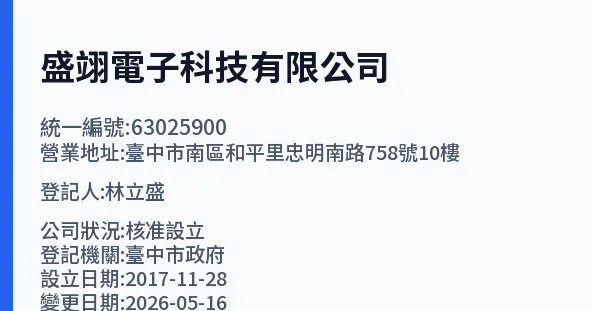 盛翊電子科技有限公司的照片-統編 63025900(臺中市) 公司登記資料與營業項目詳細圖表