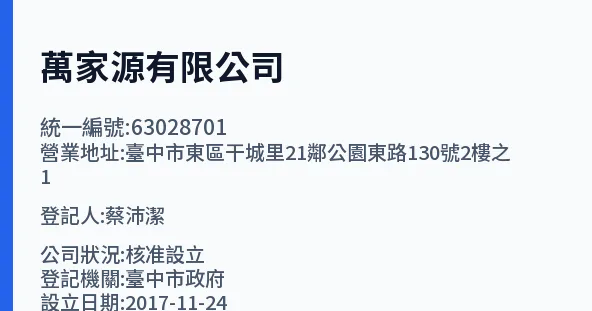 萬家源有限公司的照片-統編 63028701(臺中市) 公司登記資料與營業項目詳細圖表