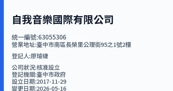自我音樂國際有限公司的照片-統編 63055306(臺中市) 公司登記資料與營業項目詳細圖表