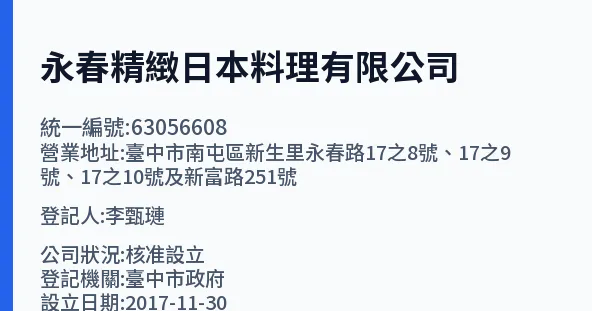 永春精緻日本料理有限公司的照片-統編 63056608(臺中市) 公司登記資料與營業項目詳細圖表