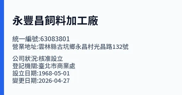 永豐昌飼料加工廠的照片-統編 63083801(雲林縣) 公司登記資料與營業項目詳細圖表