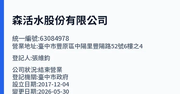 森活水股份有限公司的照片-統編 63084978(臺中市) 公司登記資料與營業項目詳細圖表