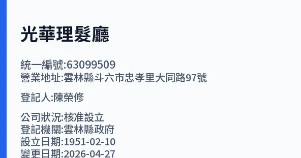 光華理髮廳的照片-統編 63099509(雲林縣) 公司登記資料與營業項目詳細圖表