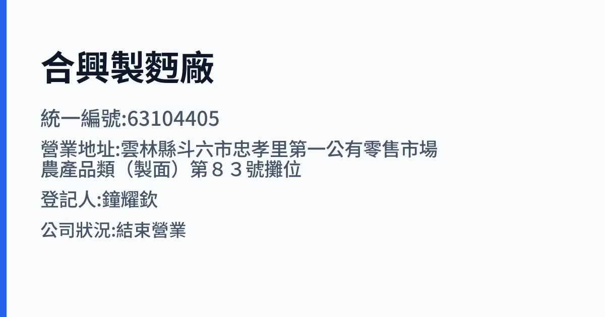 合興製麪廠 - 統編 63104405(雲林縣) 公司登記資料與營業項目詳細圖表