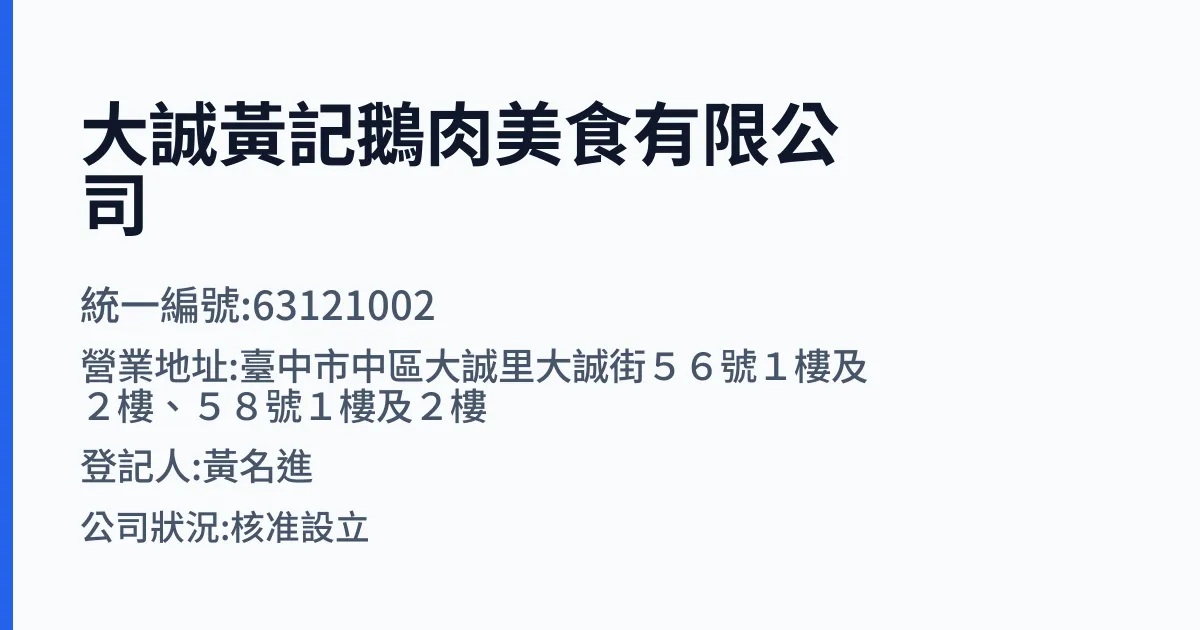 大誠黃記鵝肉美食有限公司 - 統編 63121002(臺中市) 公司登記資料與營業項目詳細圖表