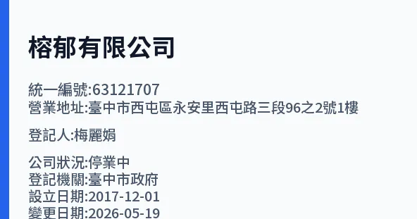 榕郁有限公司的照片-統編 63121707(臺中市) 公司登記資料與營業項目詳細圖表