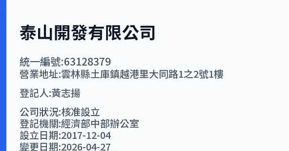 泰山開發有限公司的照片-統編 63128379(雲林縣) 公司登記資料與營業項目詳細圖表