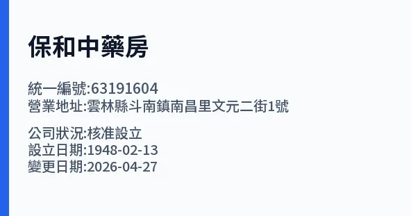 保和中藥房的照片-統編 63191604(雲林縣) 公司登記資料與營業項目詳細圖表