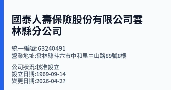 國泰人壽保險股份有限公司雲林縣分公司的照片-統編 63240491(雲林縣) 公司登記資料與營業項目詳細圖表