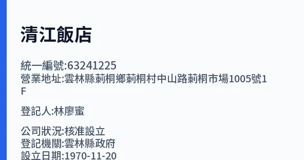 清江飯店的照片-統編 63241225(雲林縣) 公司登記資料與營業項目詳細圖表