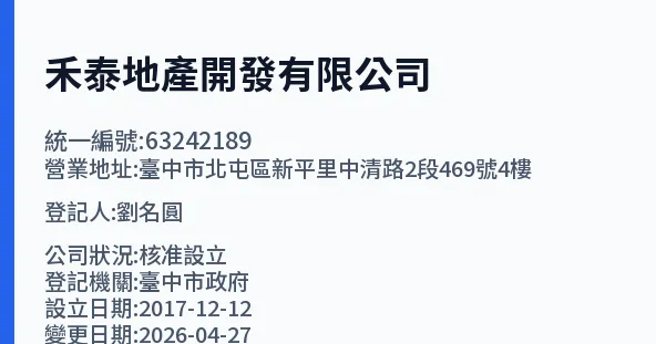 禾泰地產開發有限公司的照片-統編 63242189(臺中市) 公司登記資料與營業項目詳細圖表