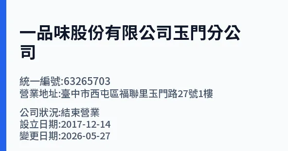 一品味股份有限公司玉門分公司的照片-統編 63265703(臺中市) 公司登記資料與營業項目詳細圖表