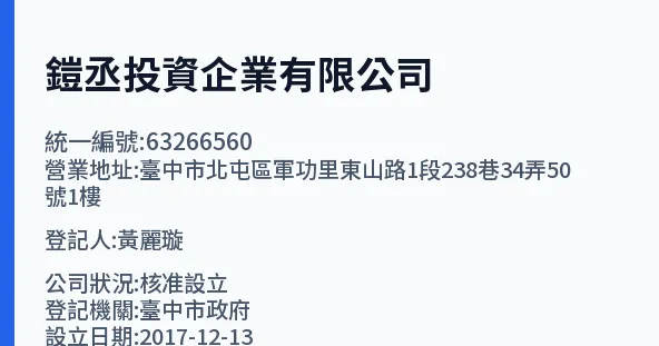 鎧丞投資企業有限公司的照片-統編 63266560(臺中市) 公司登記資料與營業項目詳細圖表
