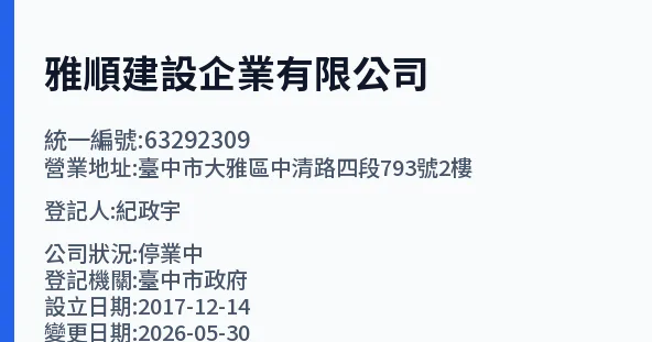 雅順建設企業有限公司的照片-統編 63292309(臺中市) 公司登記資料與營業項目詳細圖表