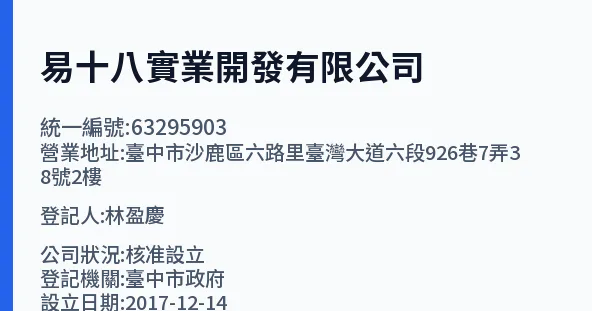 易十八實業開發有限公司的照片-統編 63295903(臺中市) 公司登記資料與營業項目詳細圖表