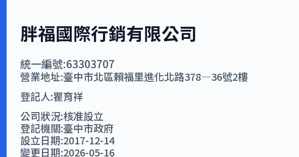 胖福國際行銷有限公司的照片-統編 63303707(臺中市) 公司登記資料與營業項目詳細圖表