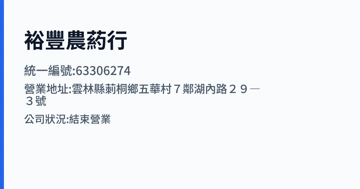 裕豐農葯行 - 統編 63306274(雲林縣) 公司登記資料與營業項目詳細圖表