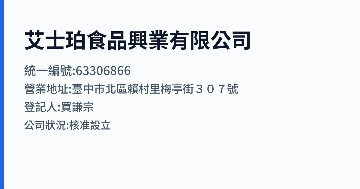 艾士珀食品興業有限公司 - 統編 63306866(臺中市) 公司登記資料與營業項目詳細圖表