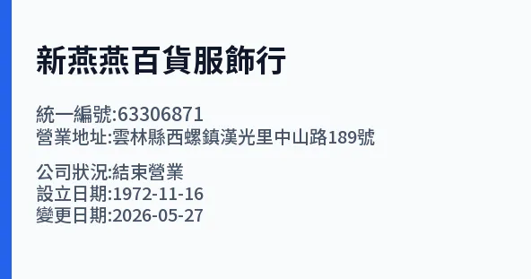 新燕燕百貨服飾行的照片-統編 63306871(雲林縣) 公司登記資料與營業項目詳細圖表