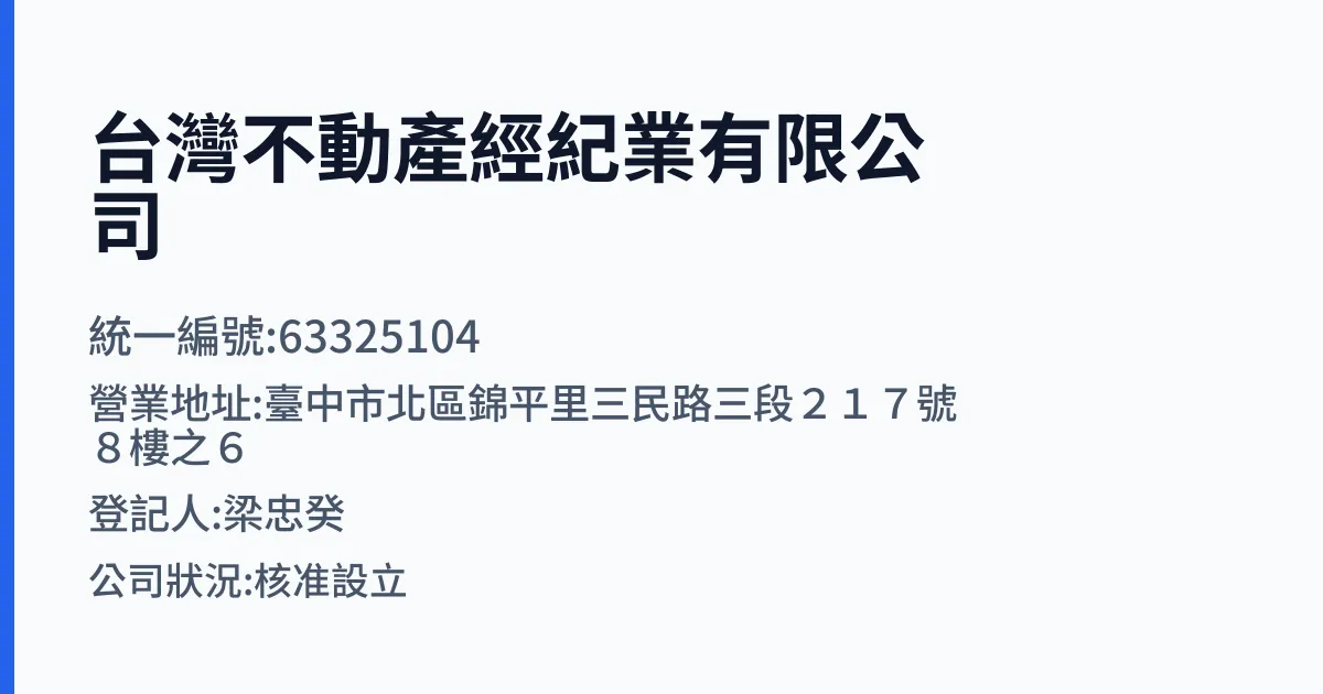 台灣不動產經紀業有限公司 - 統編 63325104(臺中市) 公司登記資料與營業項目詳細圖表