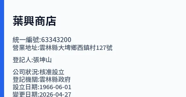 葉興商店的照片-統編 63343200(雲林縣) 公司登記資料與營業項目詳細圖表