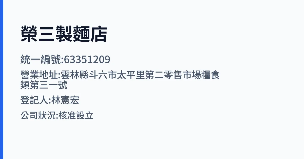 榮三製麵店 - 統編 63351209(雲林縣) 公司登記資料與營業項目詳細圖表