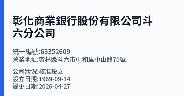 彰化商業銀行股份有限公司斗六分公司的照片-統編 63352609(雲林縣) 公司登記資料與營業項目詳細圖表