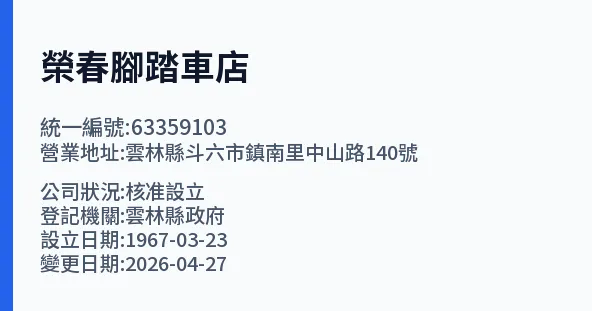 榮春腳踏車店的照片-統編 63359103(雲林縣) 公司登記資料與營業項目詳細圖表