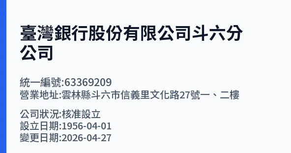 臺灣銀行股份有限公司斗六分公司的照片-統編 63369209(雲林縣) 公司登記資料與營業項目詳細圖表