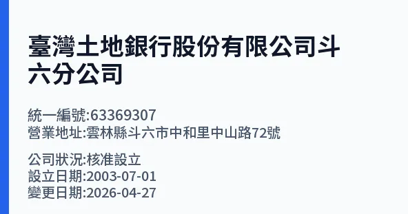臺灣土地銀行股份有限公司斗六分公司的照片-統編 63369307(雲林縣) 公司登記資料與營業項目詳細圖表
