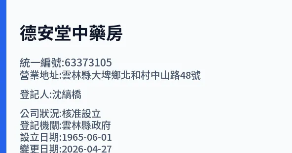 德安堂中藥房的照片-統編 63373105(雲林縣) 公司登記資料與營業項目詳細圖表