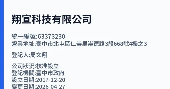 翔宣科技有限公司的照片-統編 63373230(臺中市) 公司登記資料與營業項目詳細圖表