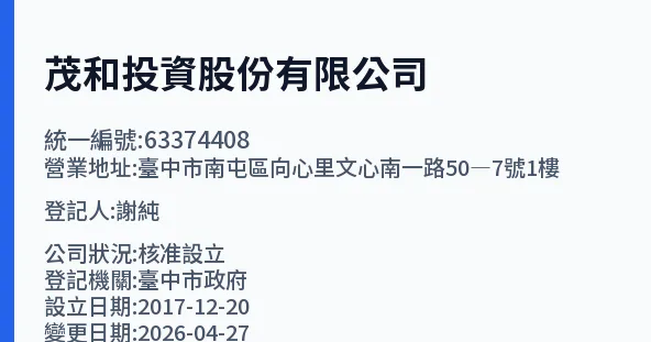茂和投資股份有限公司的照片-統編 63374408(臺中市) 公司登記資料與營業項目詳細圖表