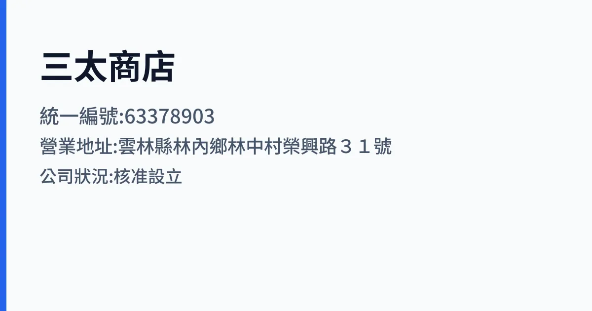 三太商店 - 統編 63378903(雲林縣) 公司登記資料與營業項目詳細圖表