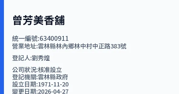 曾芳美香舖的照片-統編 63400911(雲林縣) 公司登記資料與營業項目詳細圖表
