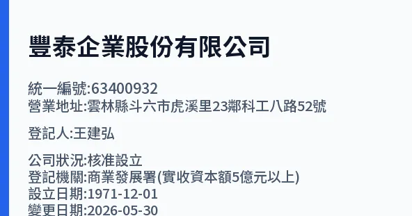 豐泰企業股份有限公司的照片-統編 63400932(雲林縣) 公司登記資料與營業項目詳細圖表