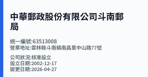 中華郵政股份有限公司斗南郵局的照片-統編 63513008(雲林縣) 公司登記資料與營業項目詳細圖表