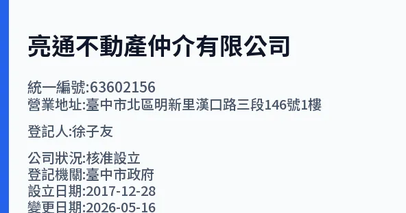 亮通不動產仲介有限公司的照片-統編 63602156(臺中市) 公司登記資料與營業項目詳細圖表