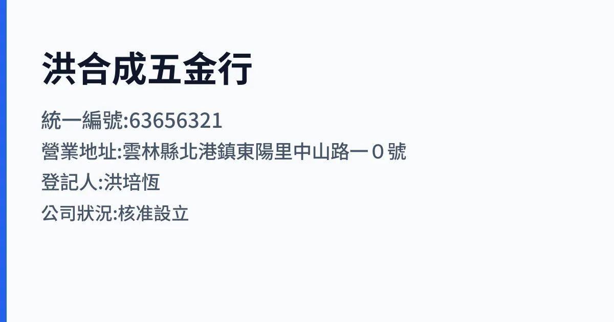 洪合成五金行 - 統編 63656321(雲林縣) 公司登記資料與營業項目詳細圖表