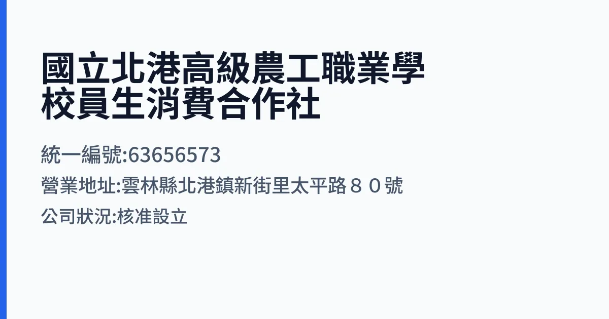 國立北港高級農工職業學校員生消費合作社 - 統編 63656573(雲林縣) 公司登記資料與營業項目詳細圖表