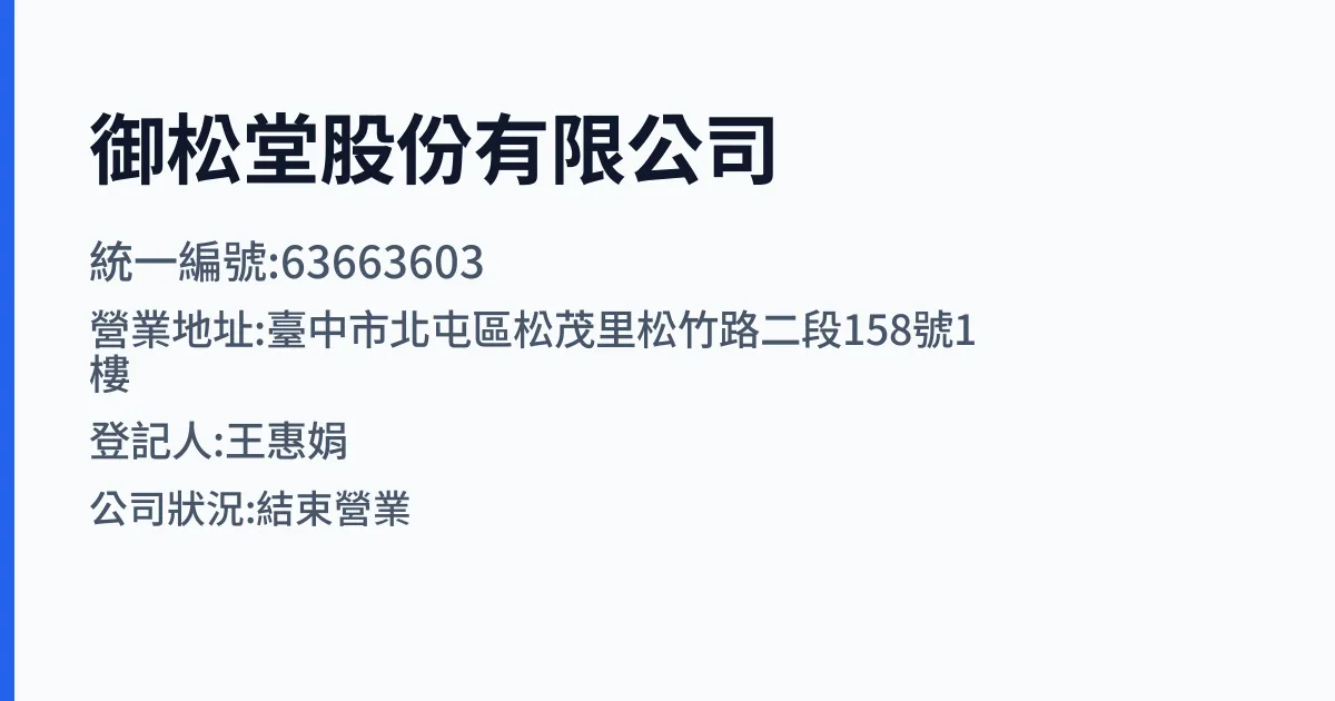 御松堂股份有限公司 - 統編 63663603(臺中市) 公司登記資料與營業項目詳細圖表