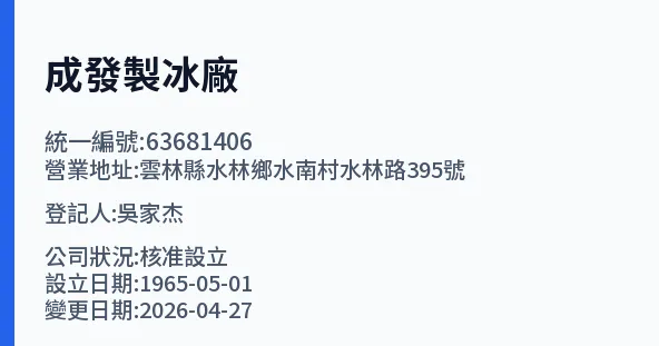 成發製冰廠的照片-統編 63681406(雲林縣) 公司登記資料與營業項目詳細圖表
