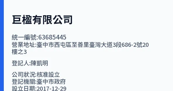 巨楹有限公司的照片-統編 63685445(臺中市) 公司登記資料與營業項目詳細圖表