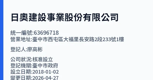 日奧建設事業股份有限公司的照片-統編 63696718(臺中市) 公司登記資料與營業項目詳細圖表