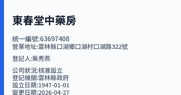 東春堂中藥房的照片-統編 63697408(雲林縣) 公司登記資料與營業項目詳細圖表